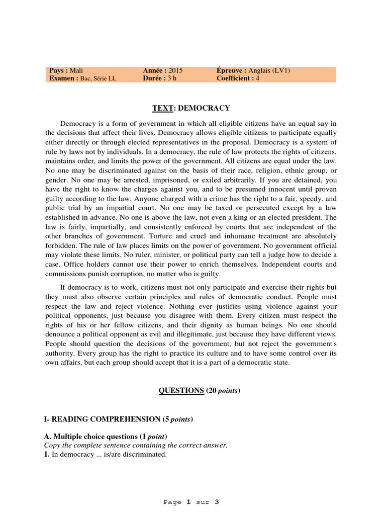 Preuve D'anglais, BAC Série LL, LV1, Année 2015, Mali | PDF | Democracy | Political Ideologies