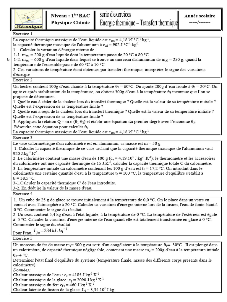 Série 1 - Energie Thermique Et Transfert Thermique | PDF