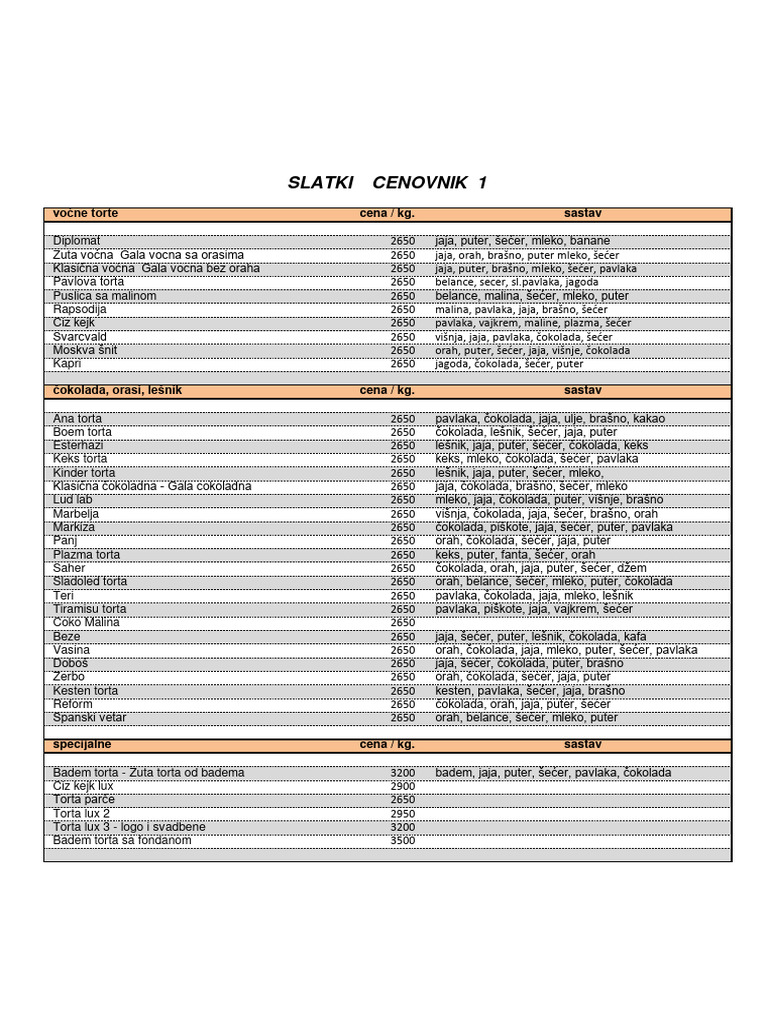 slatki cenovnik torte | PDF
