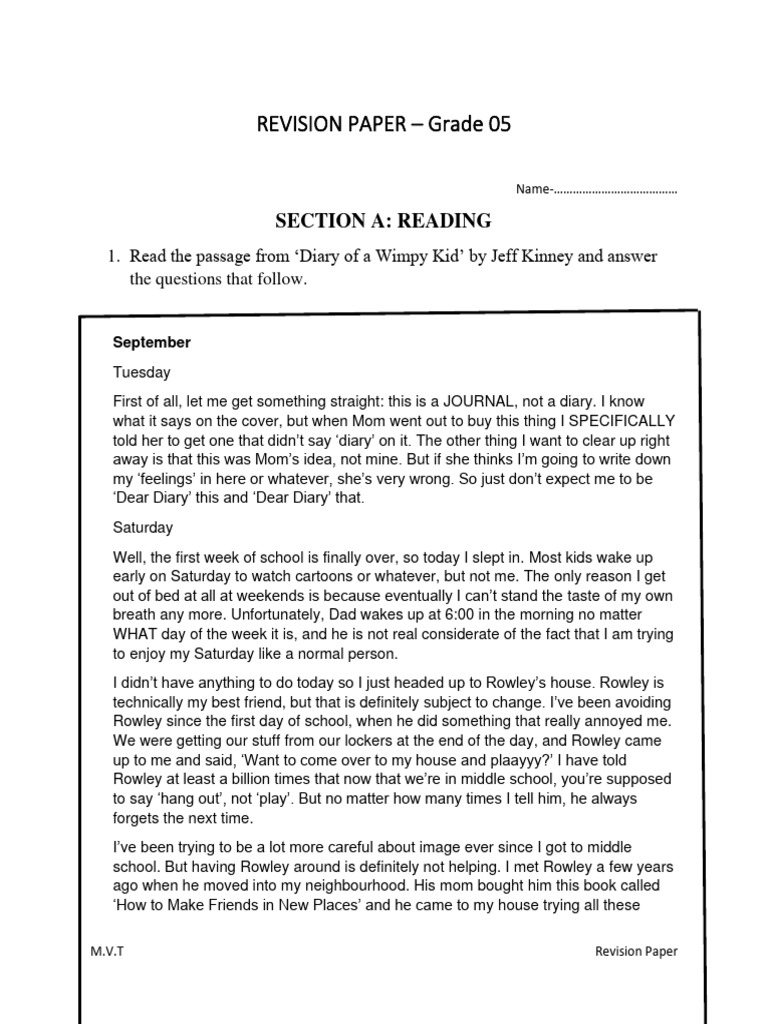 Grade 5 Revision Paper: Reading & Grammar | PDF