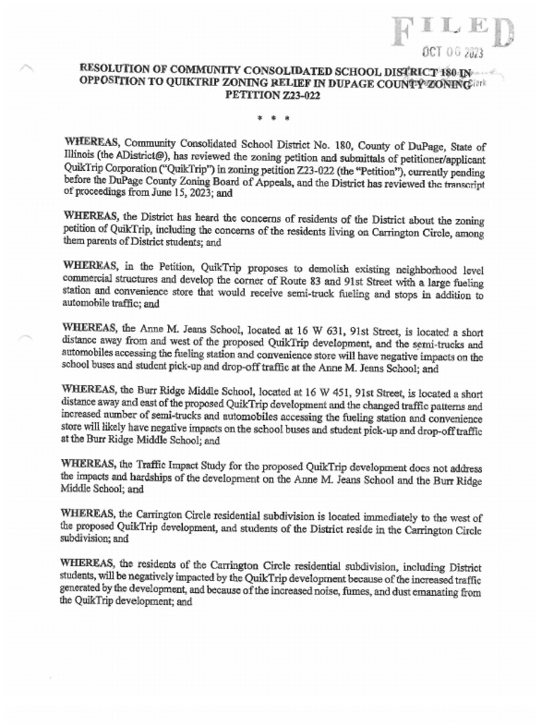 Burr Ridge District 180 Resolution Against Truck Stop | PDF