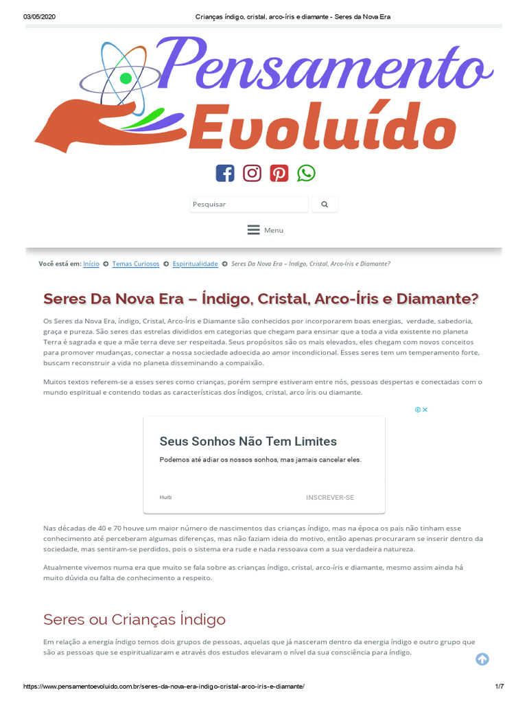 Crianças Índigo, Cristal, Arco-Íris e Diamante - Seres Da Nova Era | PDF