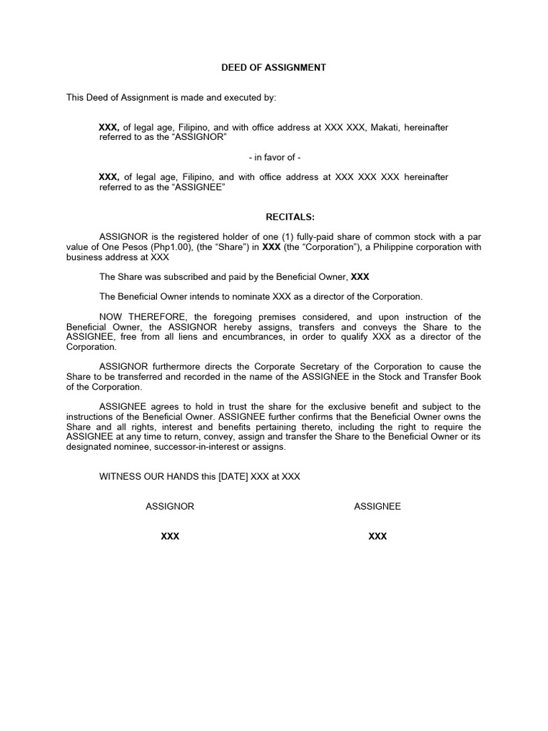 Deed of Assignment for Share Transfer | PDF | Social Science | Law