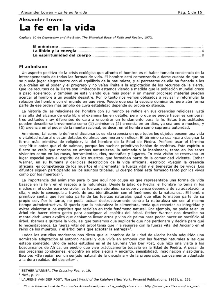 Alexander Lowen - La Fe en La Vida (1972) | PDF
