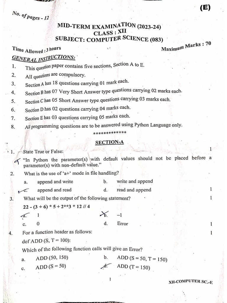 XII MID TERM CS Question Paper PDF | PDF