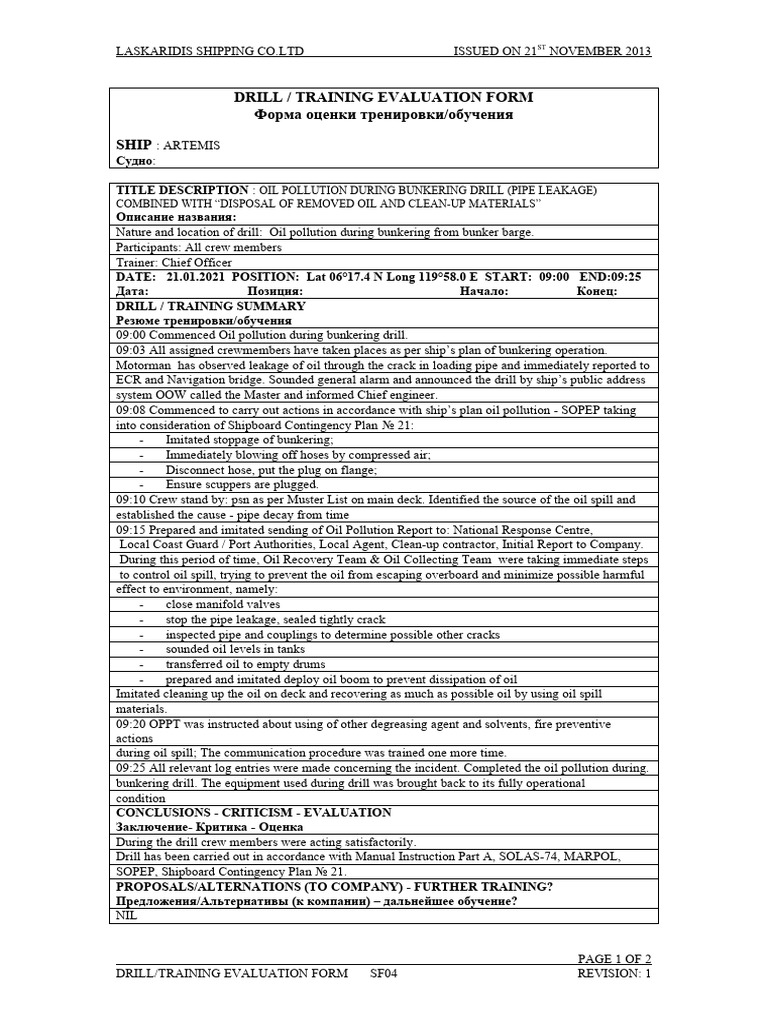 SF04 (DRILL TRAINING EVAL FORM) REV1 Oil Pollution During Bunkering ...