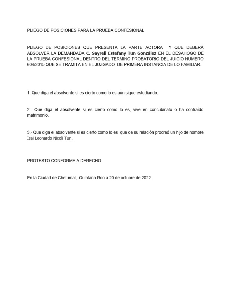 Pliego de Posiciones para La Prueba Confesional | PDF Pliego de Posiciones para La Prueba Confesional | PDF