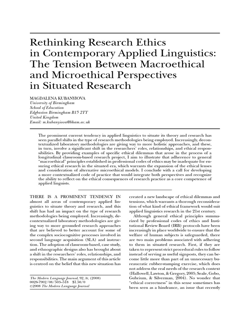 Rethinking Research Ethics in Contemporary Applied Linguistics: The ...