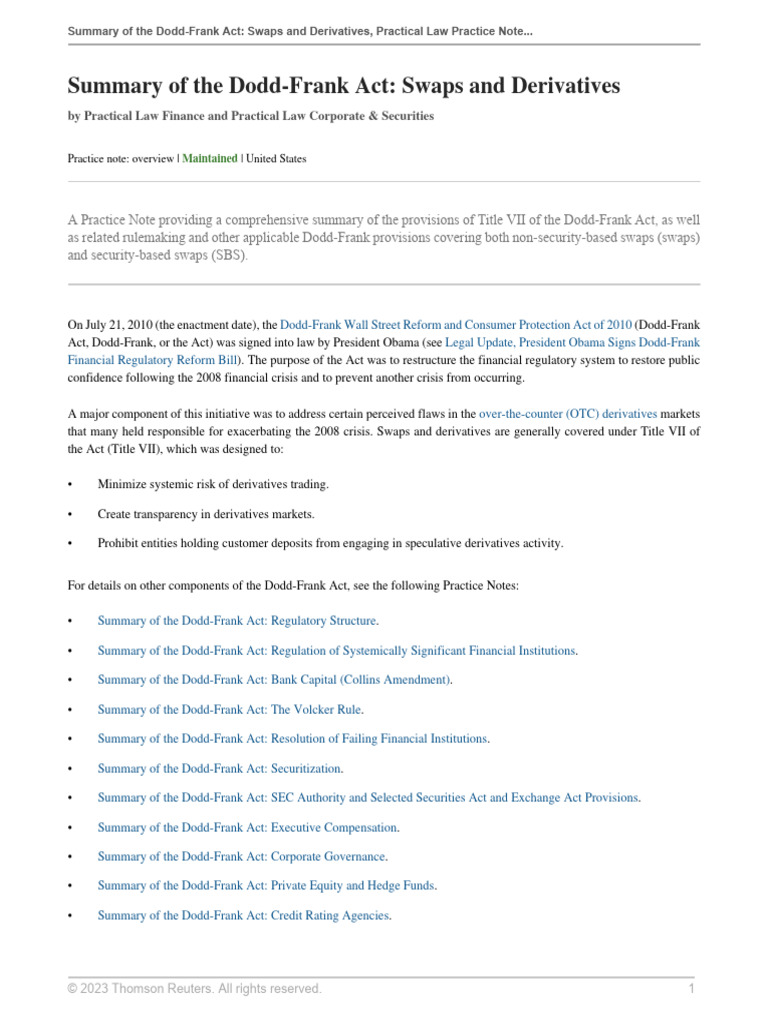 Dodd-Frank Title VII Overview | PDF | Commodity Futures Trading ...
