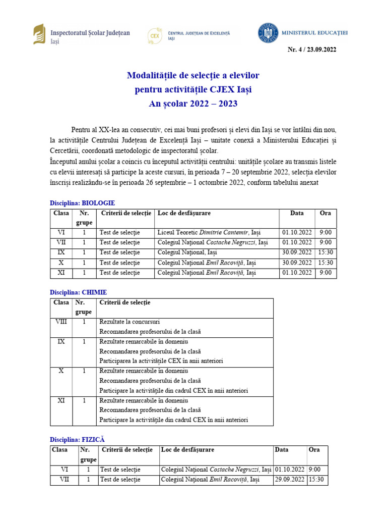 Selectie Elevi CEX Iasi - 2022 - 2023 | PDF