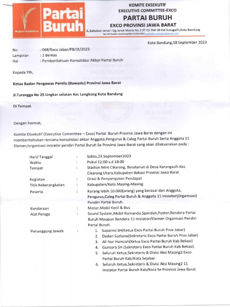 Surat Pemberitahuan Konsolidasi Akbar Partai Buruh | PDF