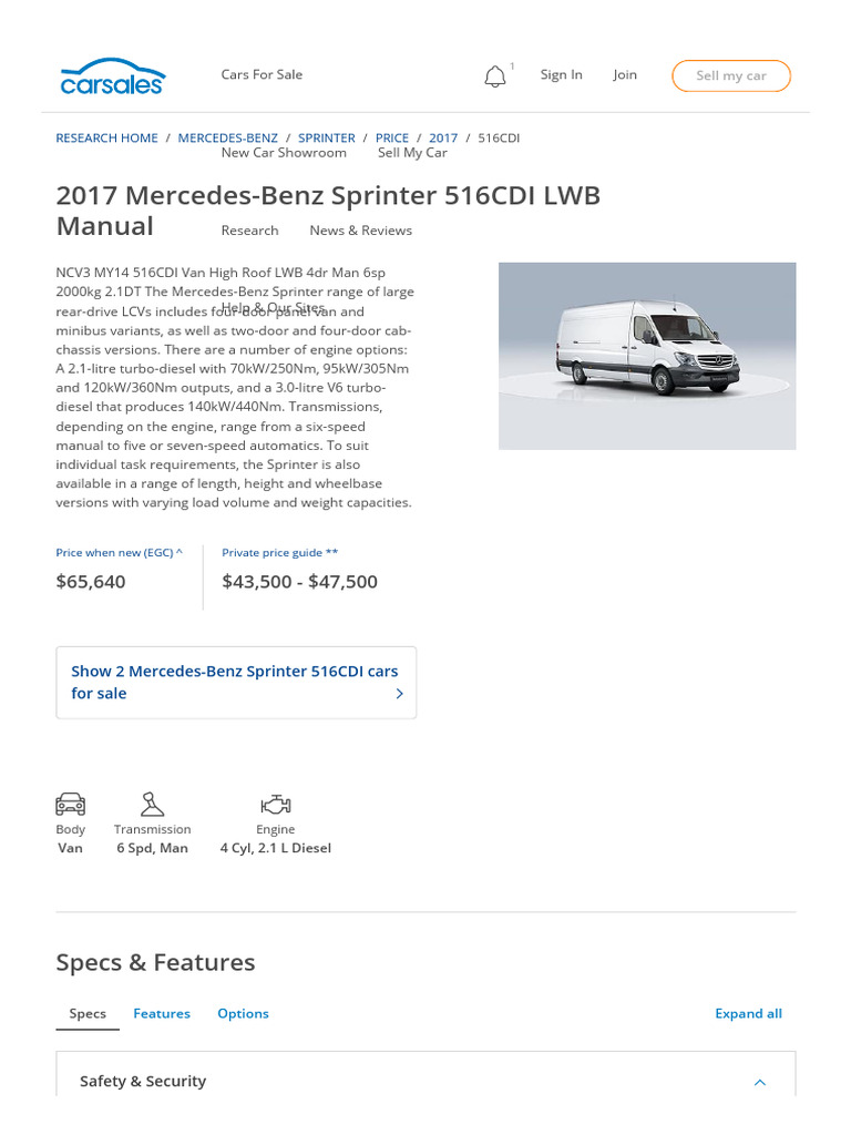 Mercedes-Benz Sprinter 516CDI 2017 - Pricing & Specifications ...