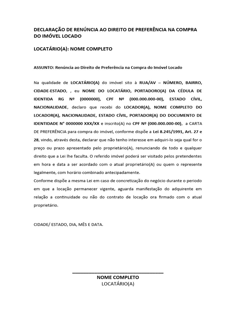 DECLARAÇÃO DE RENÚNCIA AO DIREITO DE PREFERÊNCIA NA COMPRA DO IMÓVEL ...