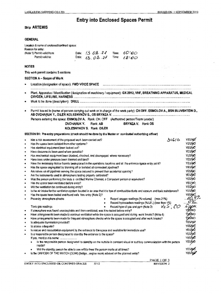 SF12 (Entry Into Enclosed Epaces) DRILL 13.08.2021 | PDF