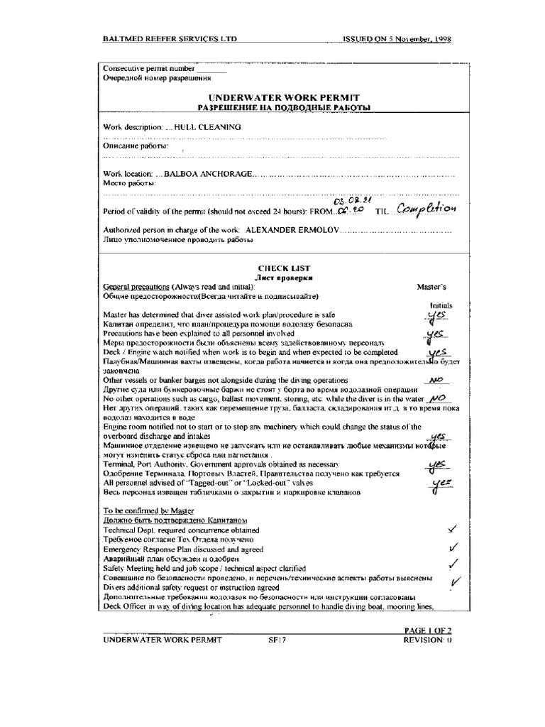 SF 17 UNDERWATER WORK PERMIT HULL CLEANING AT BALBOA ANCHORAGE 03082021 | PDF