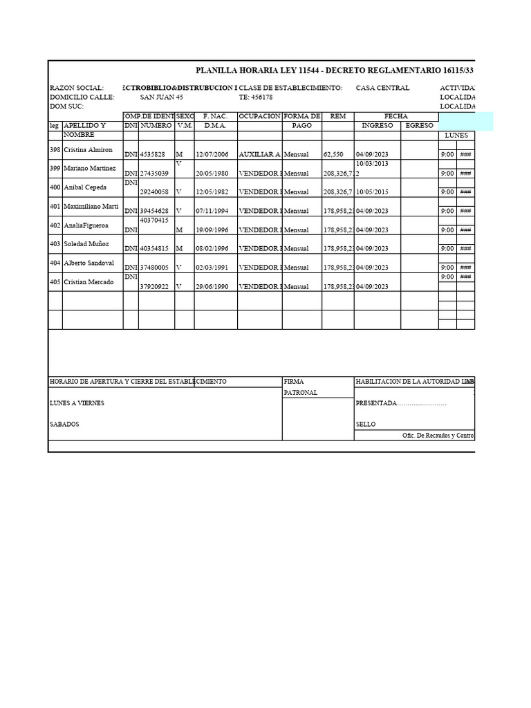 Planilla Horaria Ley 11544 Decreto Reglamentario 16115 33 | PDF