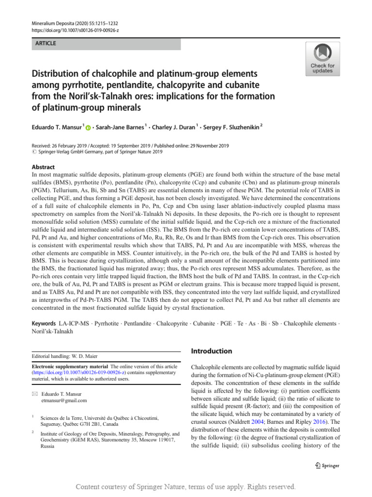 Distribution of Chalcophile and Platinum-Group Ele | PDF | Chemical ...