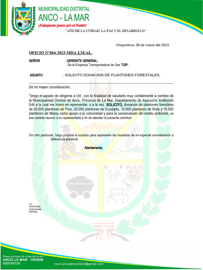 Oficio #064 - Solicito Plantones Forestales A La Empresa TGP | PDF