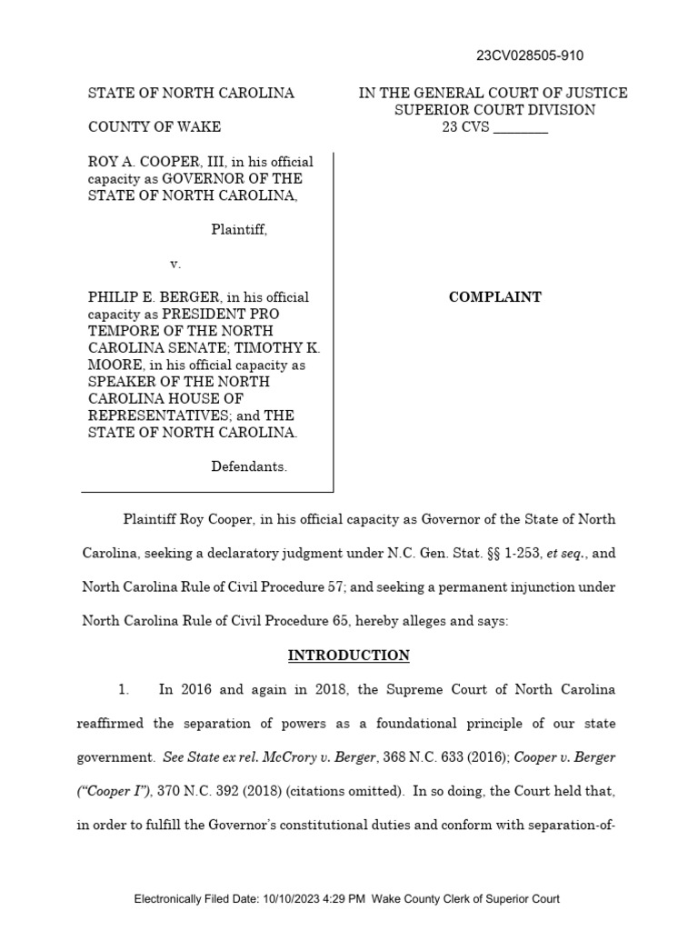 Cooper v. Berger Stamped Complaint 10-10-23 | PDF | Separation Of Powers | North Carolina ...