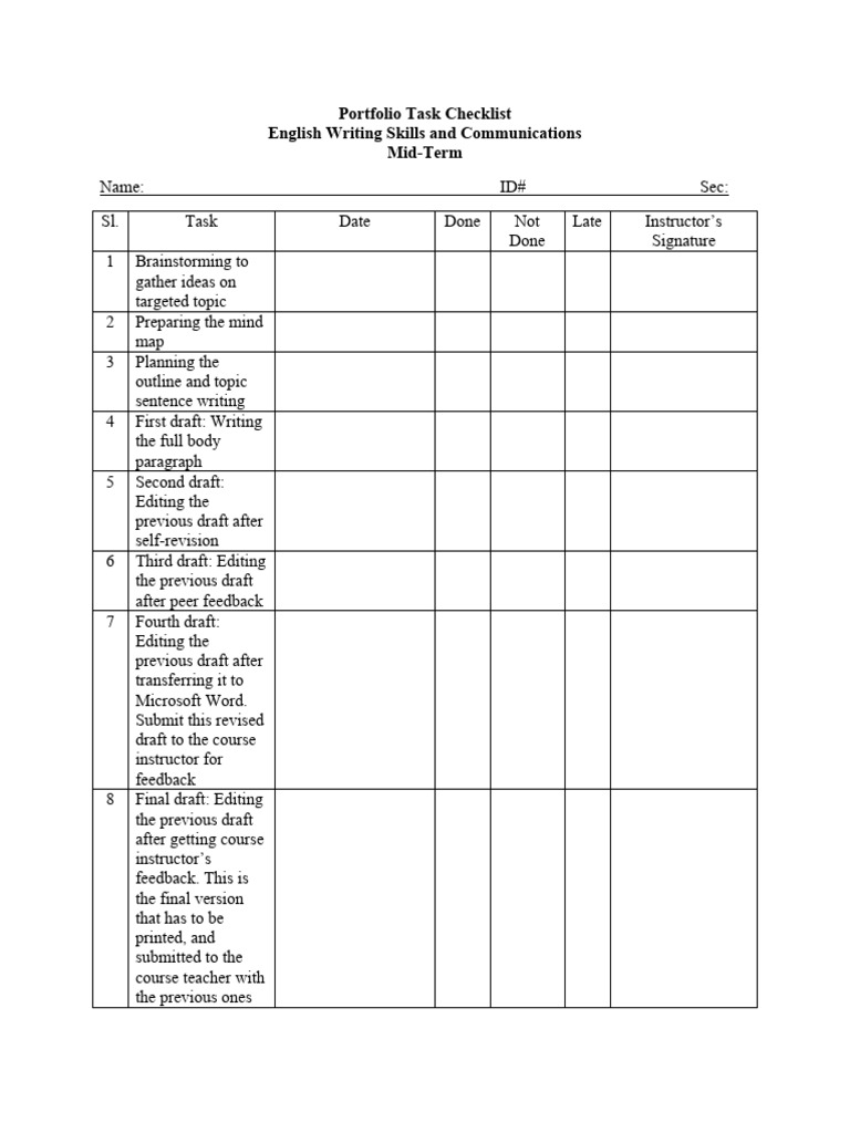 Portfolio Task-Check List Fall 2023-24 | PDF