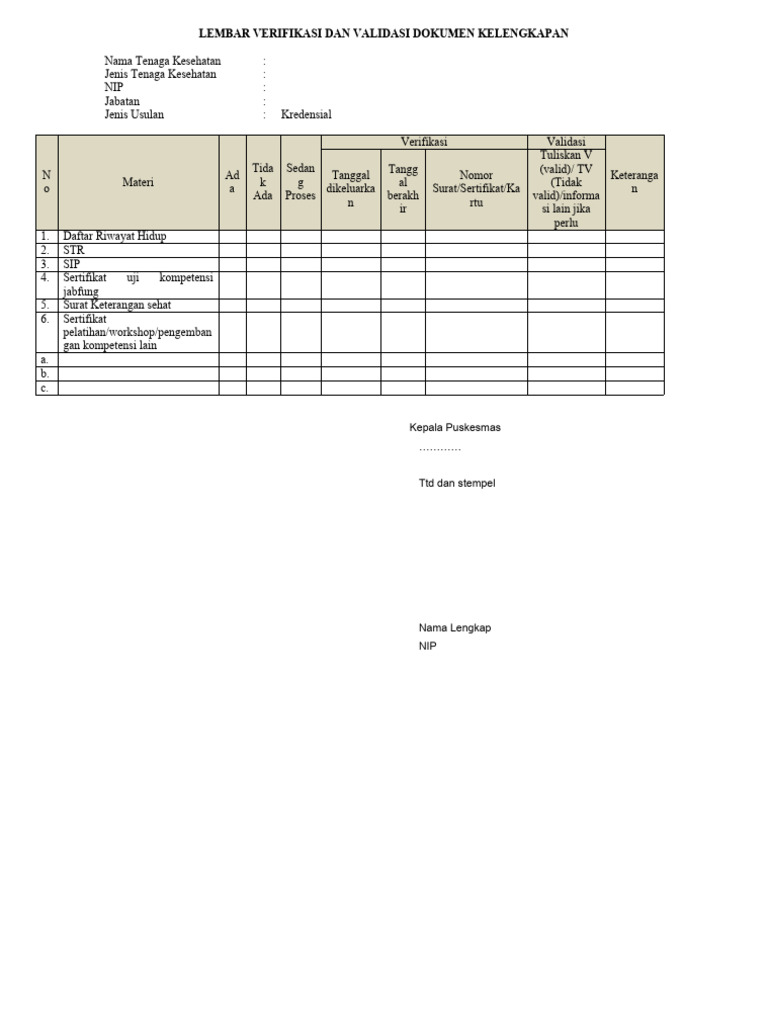 Lembar Verifikasi Dan Validasi Dokumen Kelengkapan | PDF