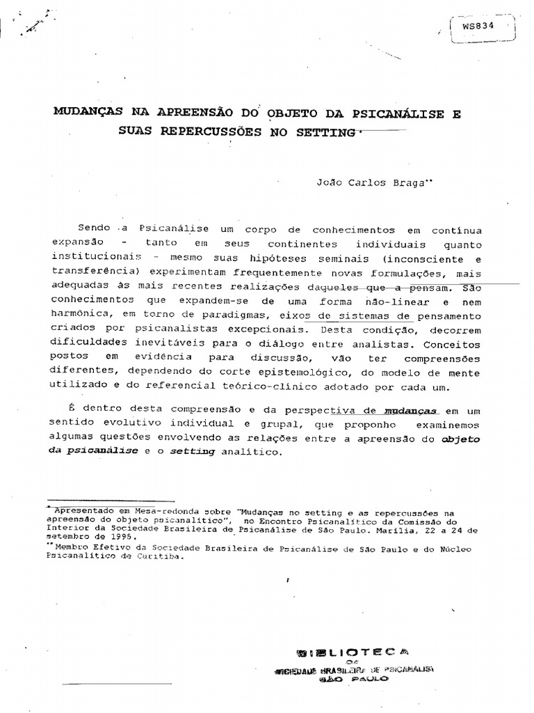 MudanÃ As Na ApreensÃ o Do Objeto Da Psicanalise e Suas Repercussoes No ...