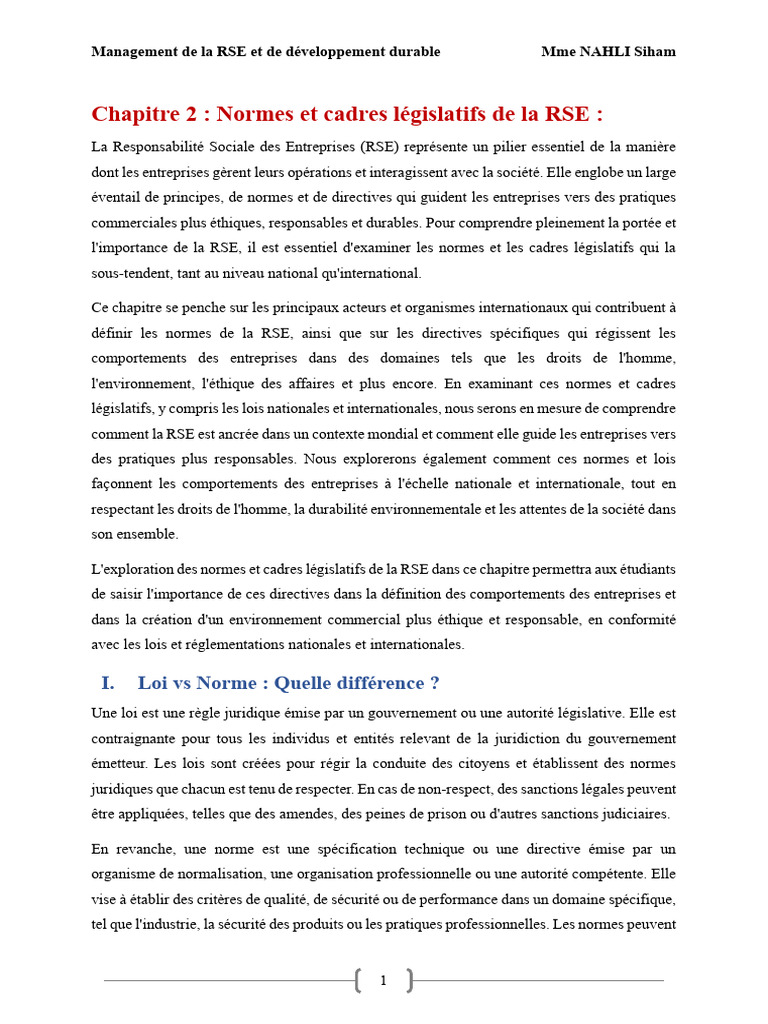 Chapitre 2-Normes et cadres législatifs de la RSE | PDF