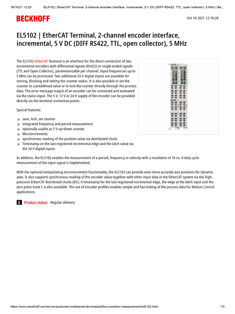EL5102 - EtherCAT Terminal, 2-Channel Encoder Interface, Incremental, 5 V DC (DIFF RS422, TTL ...