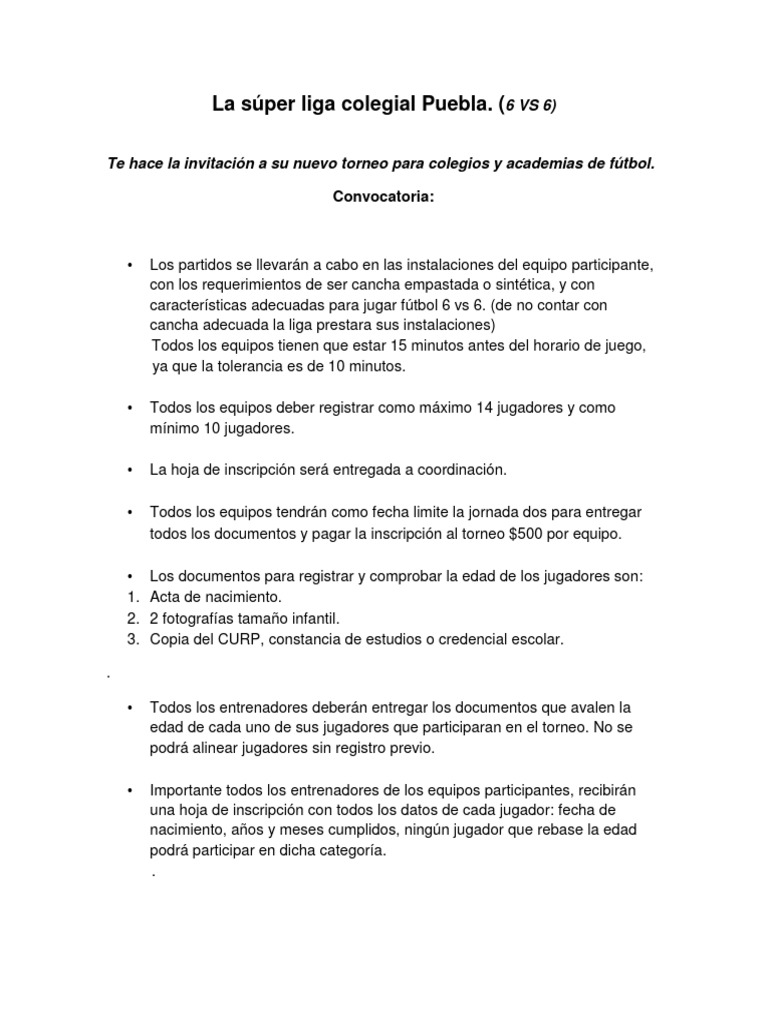 Convocatoria Súper Liga Colegial Puebla | PDF