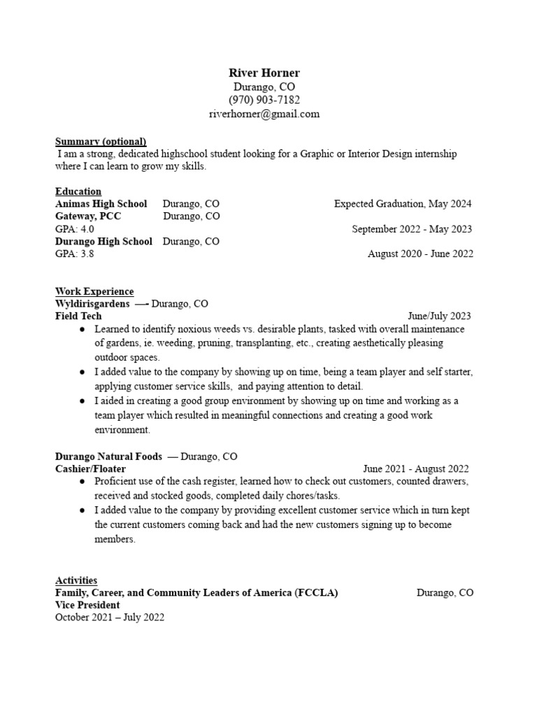 River Horner Ahs Resume Template | PDF