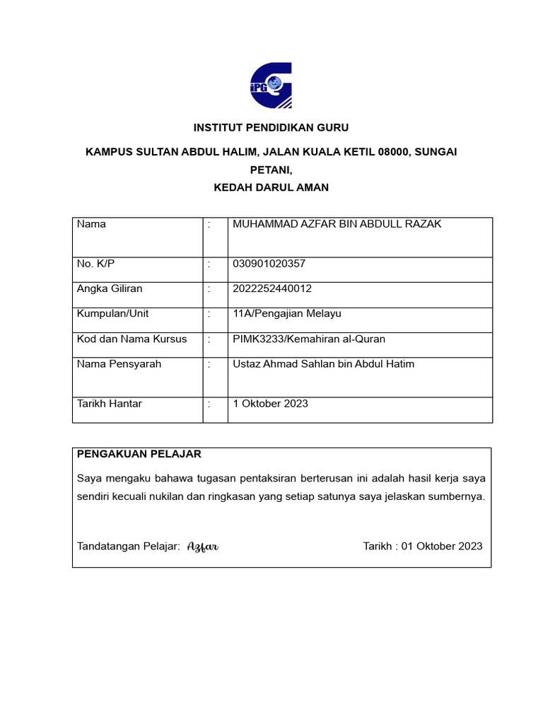 Tugasan1.Pimk3233.Muhamamd Azfar Bin Abdull Razak | PDF