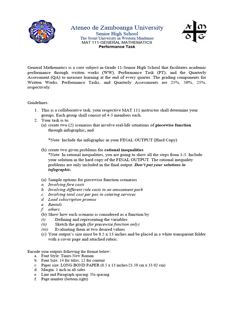 MAT 111 Midterm Performance Task Guidelines FINAL | PDF
