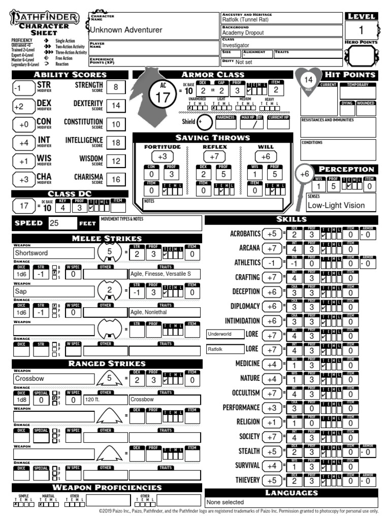 Pathfinder Ratfolk Character Sheet | PDF | Tabletop Games | Dungeons ...