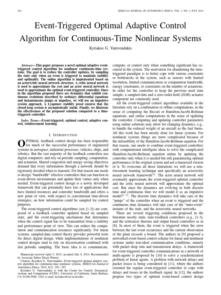 Event Triggered Optimal Adaptive Control Pdf Control Theory Mathematical Optimization