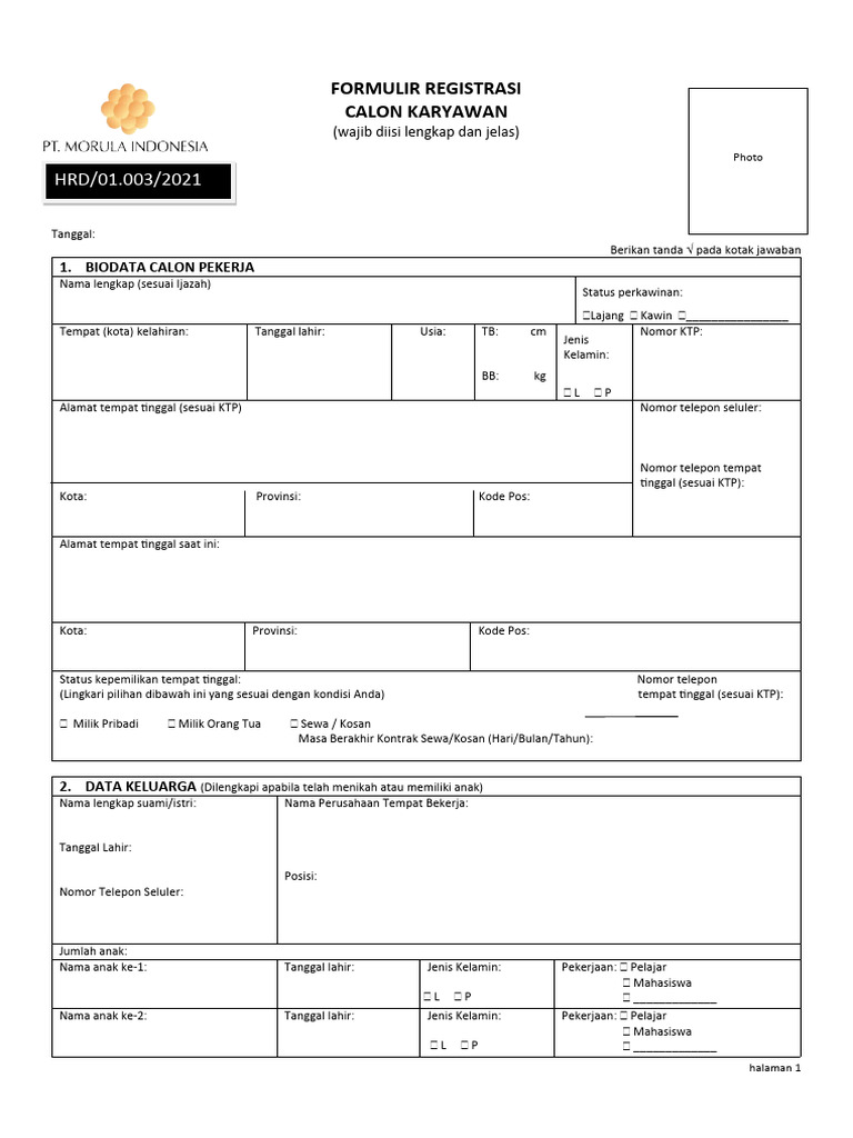 HRD.01.003 - Formulir Registrasi Karyawan Baru | PDF