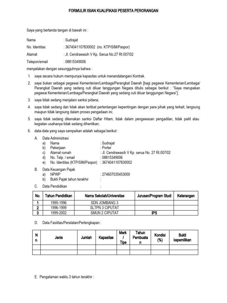 Form Formulir Isian Kualifikasi Peserta Perorangan | PDF
