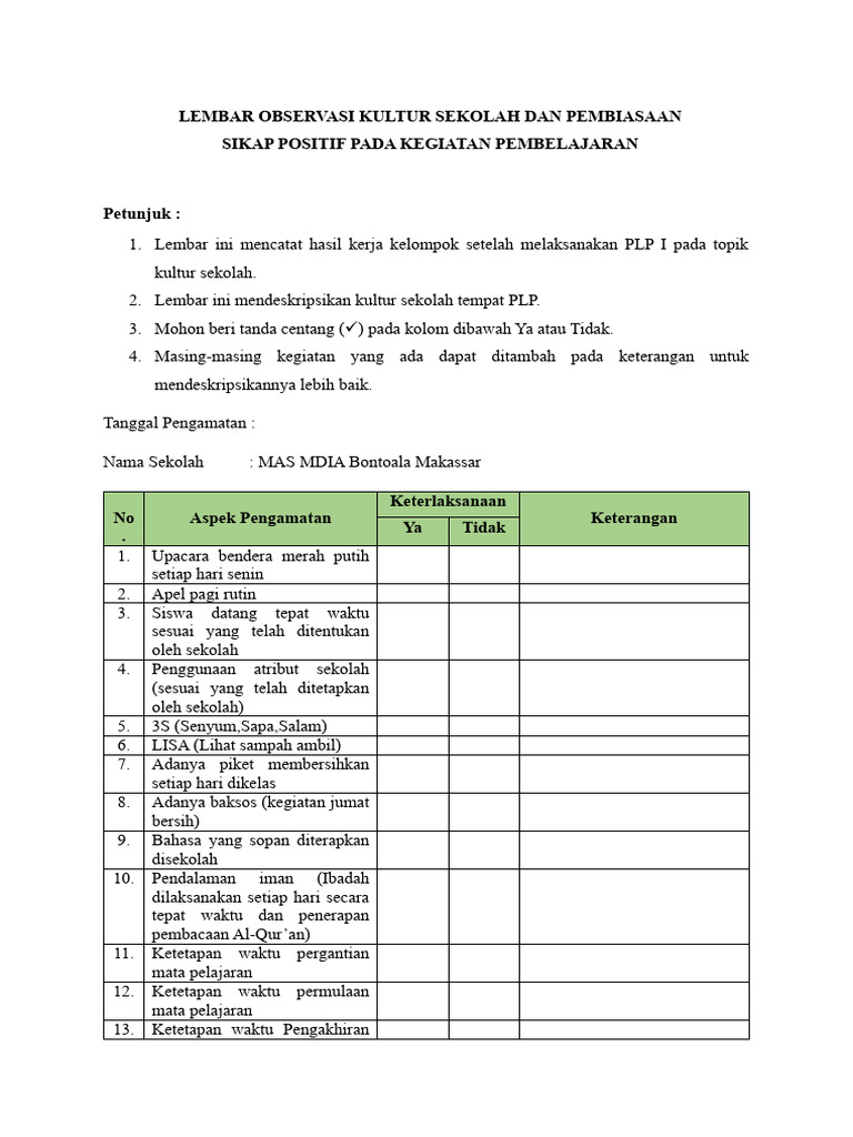 Lembar Observasi PLP I | PDF
