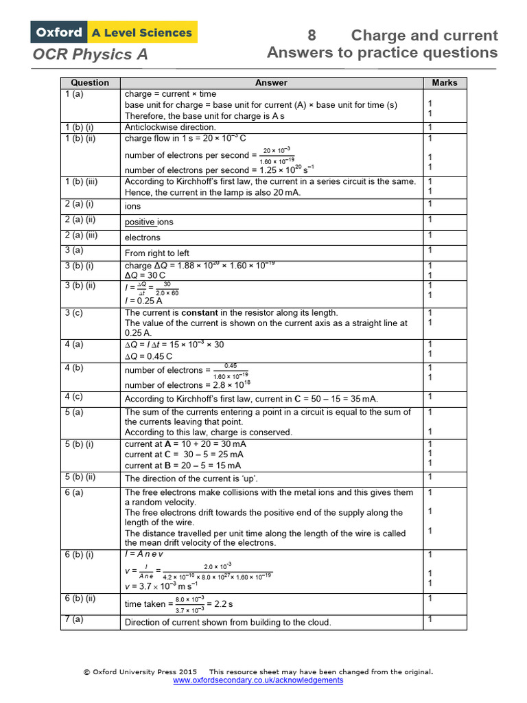 OCR A AS Physics 8 Practice Question Answers | PDF | Electric Current ...