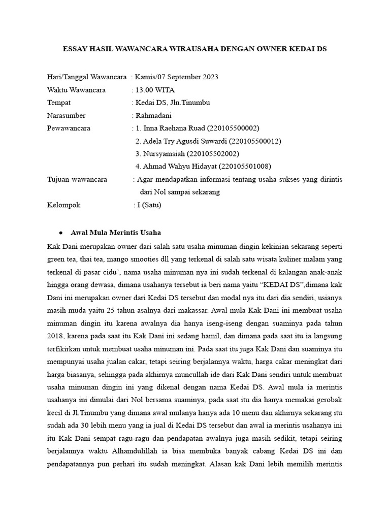Hasil Wawancara dengan Owner Kedai DS | PDF | Pengembangan Diri | Gaya ...