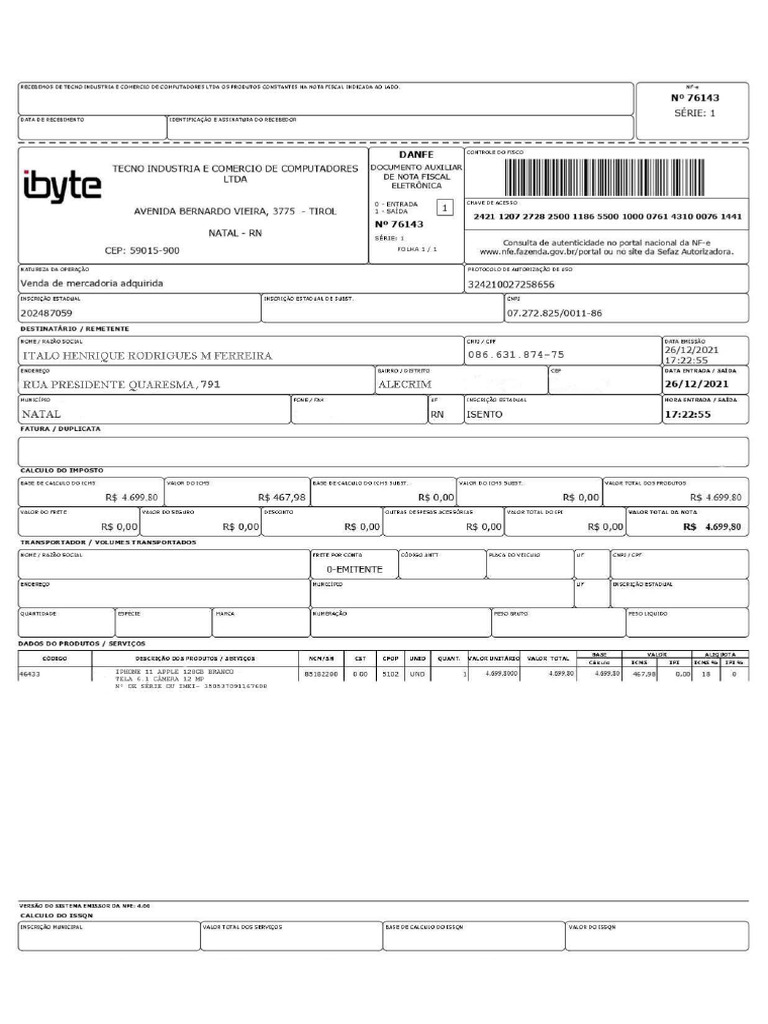 Nota Fiscal Iphone Branco | PDF