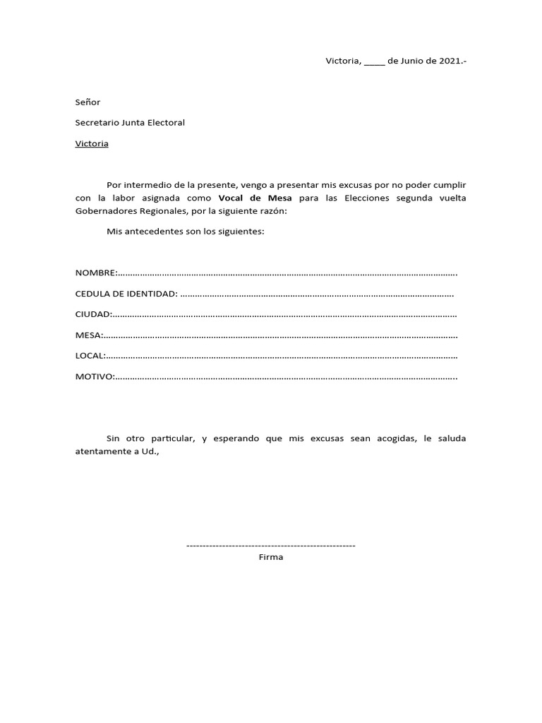 CARTA EXCUSA VOCALES DE MESA | PDF