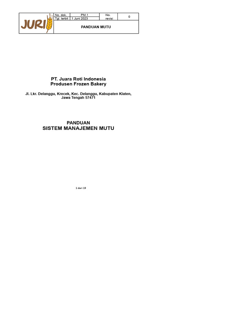 Panduan Mutu PT Juara Roti Indonesia - Docx - Google Dokumen | PDF