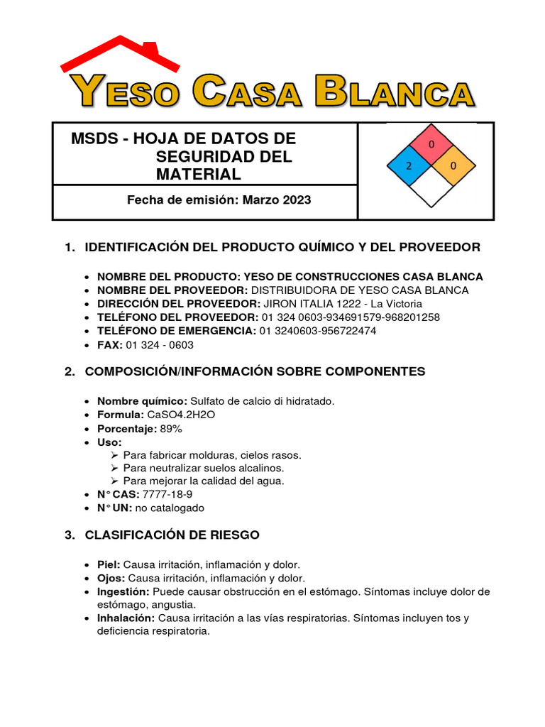 Hoja de Seguridad del Yeso Casa Blanca | PDF
