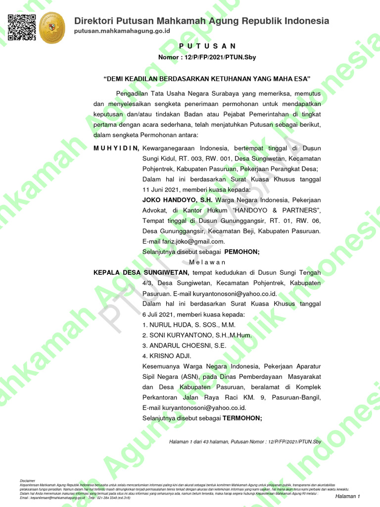 Putusan 12 P FP 2021 Ptun - Sby 20231010211303 | PDF