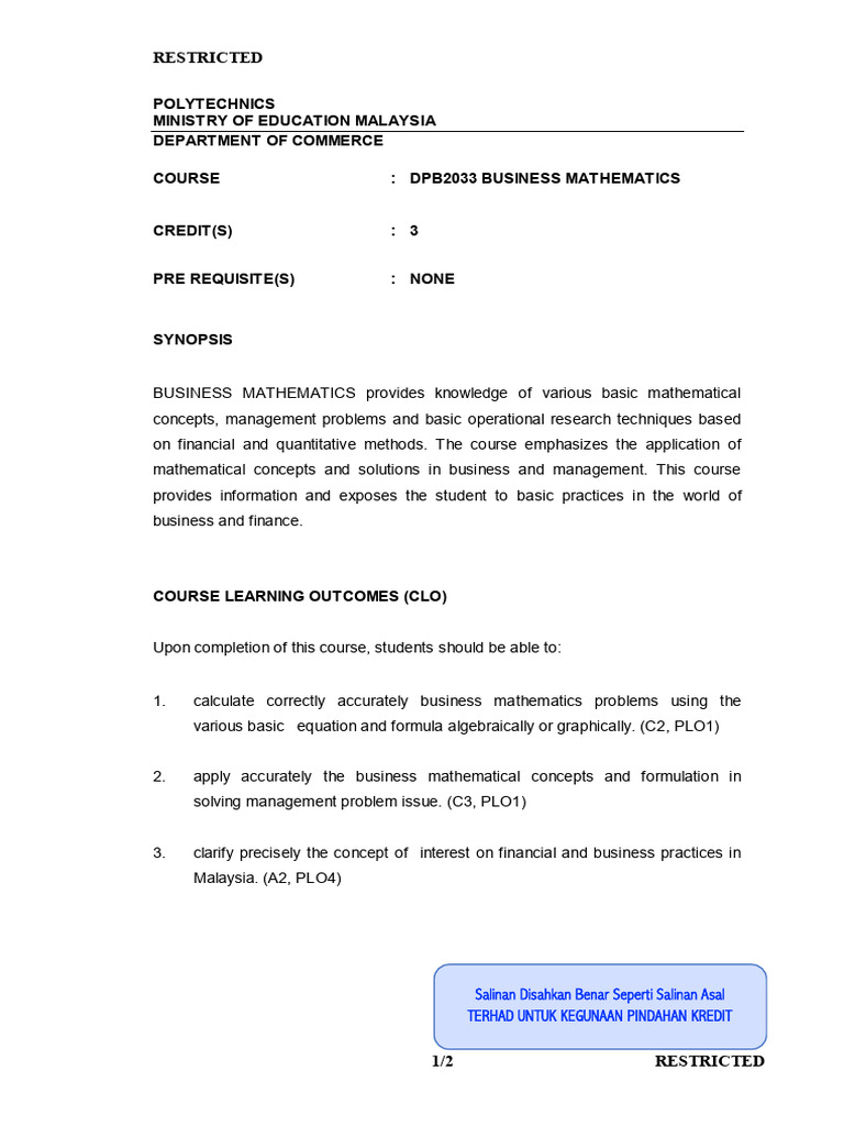 Dpb2033 Business Mathematics | PDF | Equations | Mathematics