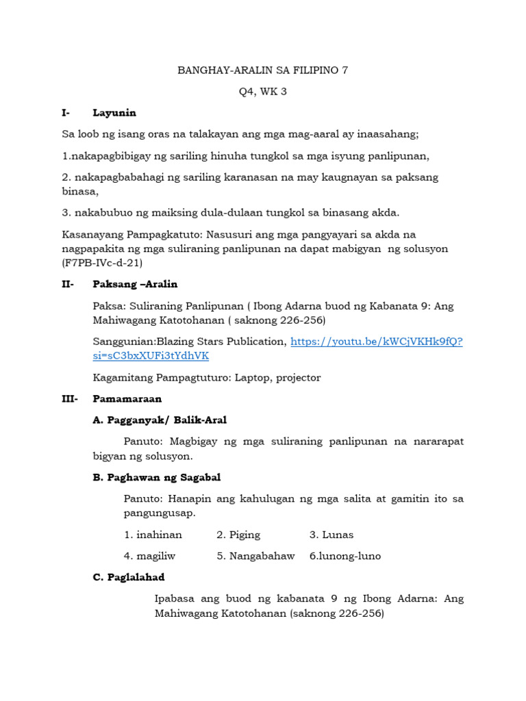 BANGHAY-aralin sa FILIPINO 7 4TH QUARTER | PDF