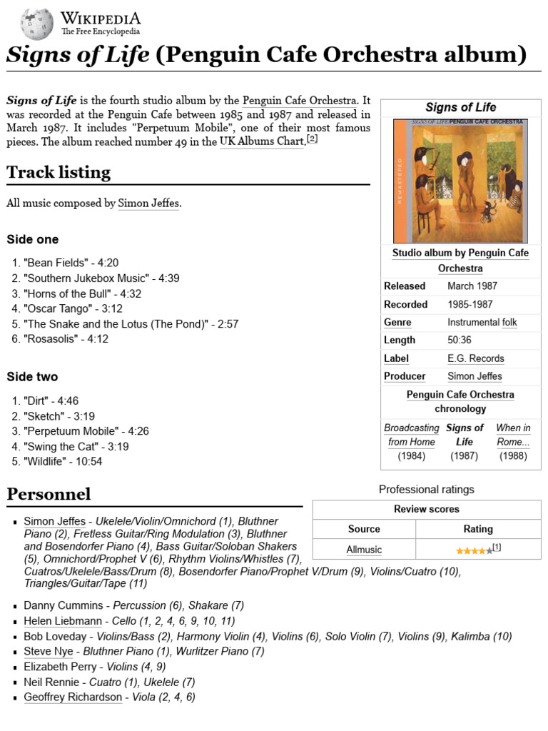 Signs of Life (Penguin Cafe Orchestra Album) - Wikipedia | PDF ...