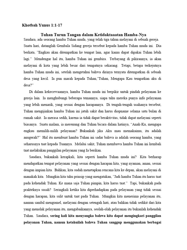 Khotbah Yunus pasal 1 ayat 1 sampai 17 | PDF