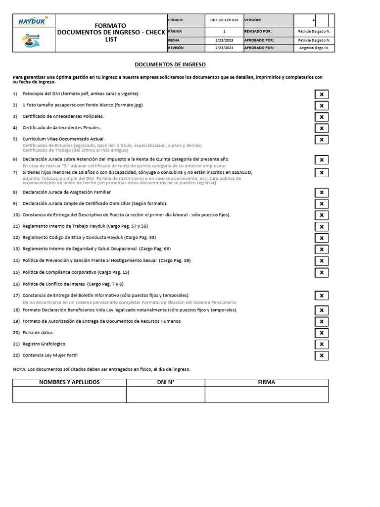 02 Documentos de Ingreso - Check List de Embarque | PDF