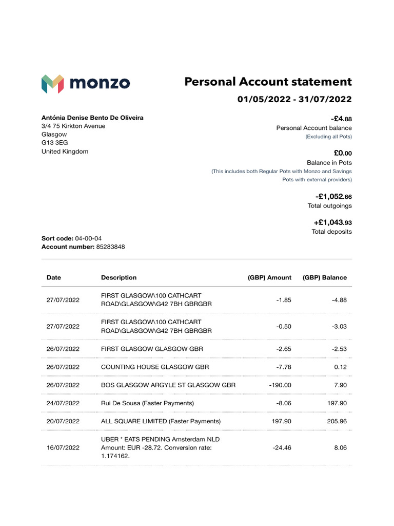 Monzo Bank Statement 2022 05 01-2022 07 31 2034 | Download Free PDF ...